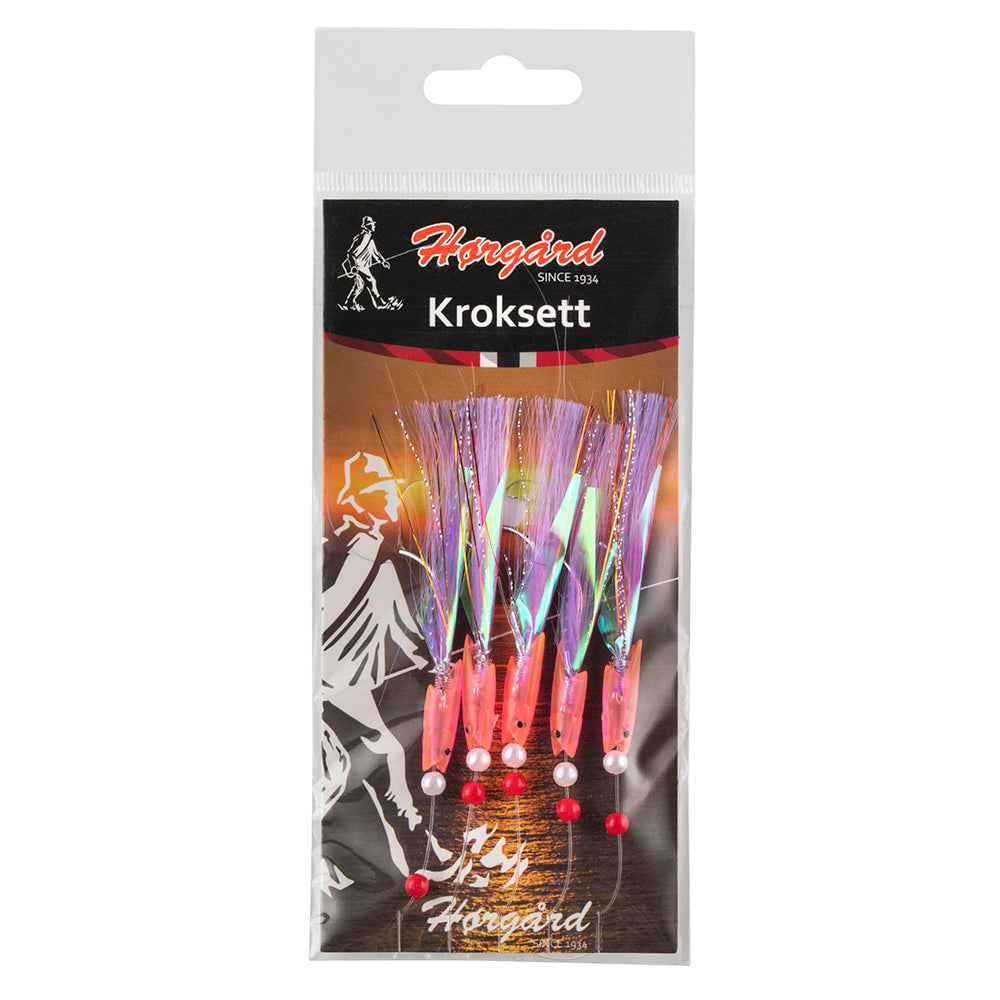 Ferdig rigget kroksett med sene og fem rekeflueimitasjoner i rødt og f ...